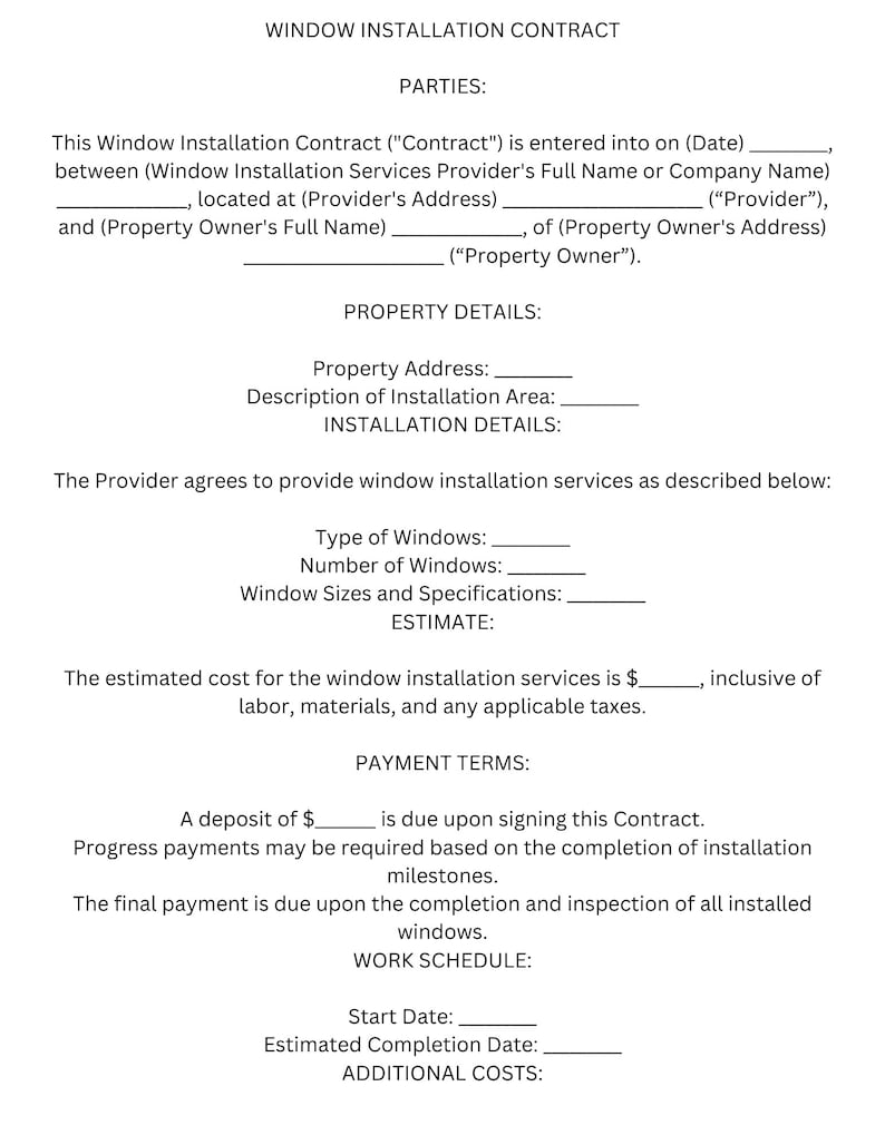 Window Installation Contract Template, Digital Download: PDF Download ...