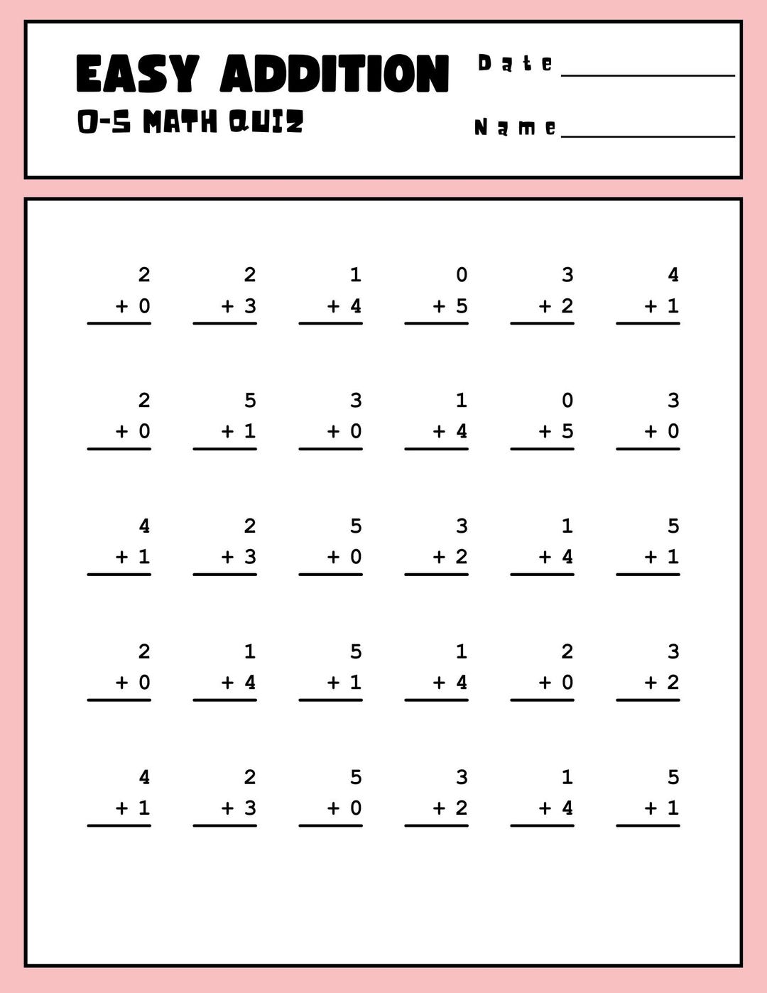 0-5 Easy Addition Quiz Pack - Etsy