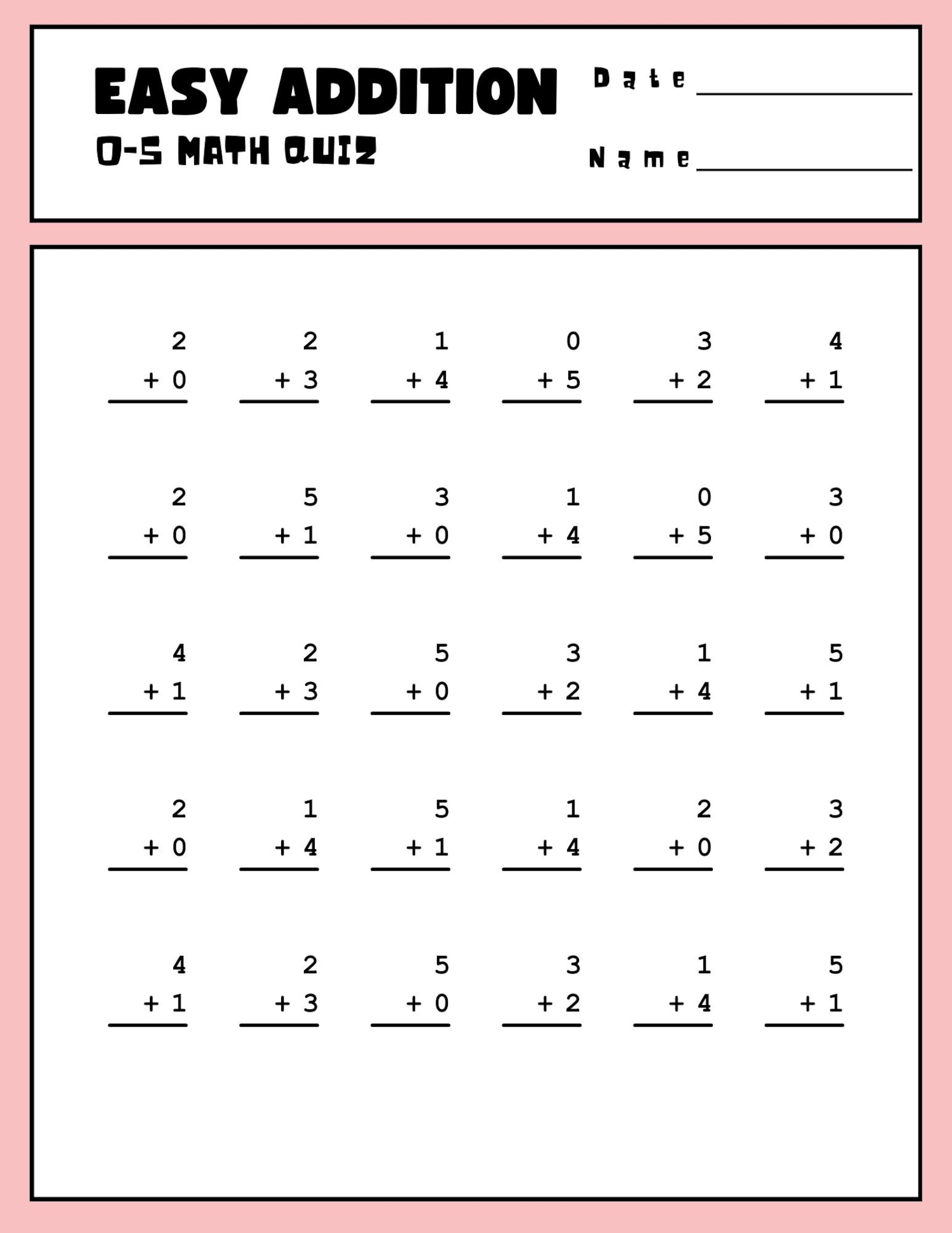 0-5 Easy Addition Quiz Pack - Etsy