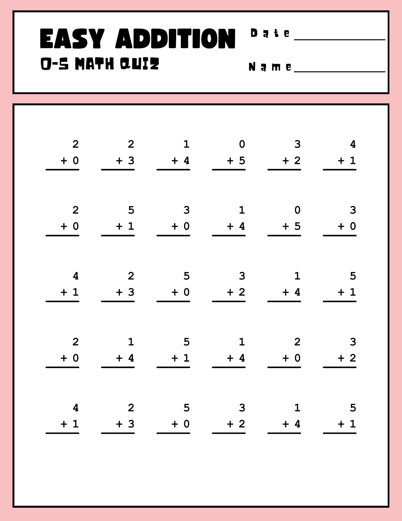 0-5 Easy Addition Quiz Pack - Etsy