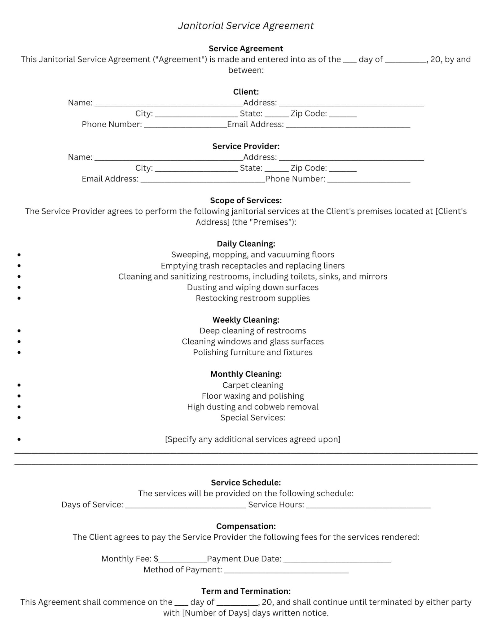 Janitorial Service Agreement-template Download - Etsy Canada