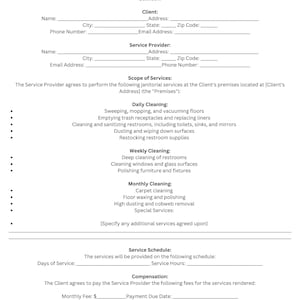Janitorial Service Agreement-template Download - Etsy Canada