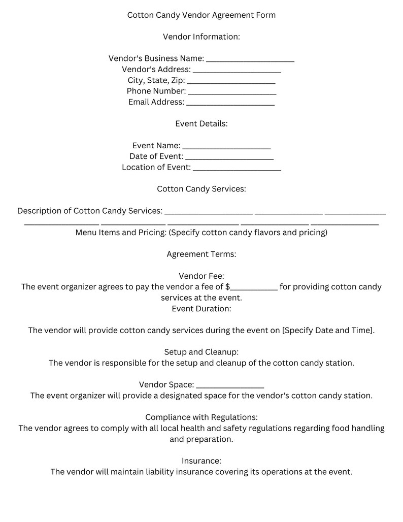 Cotton Candy Vendor Agreement Form-template - Etsy