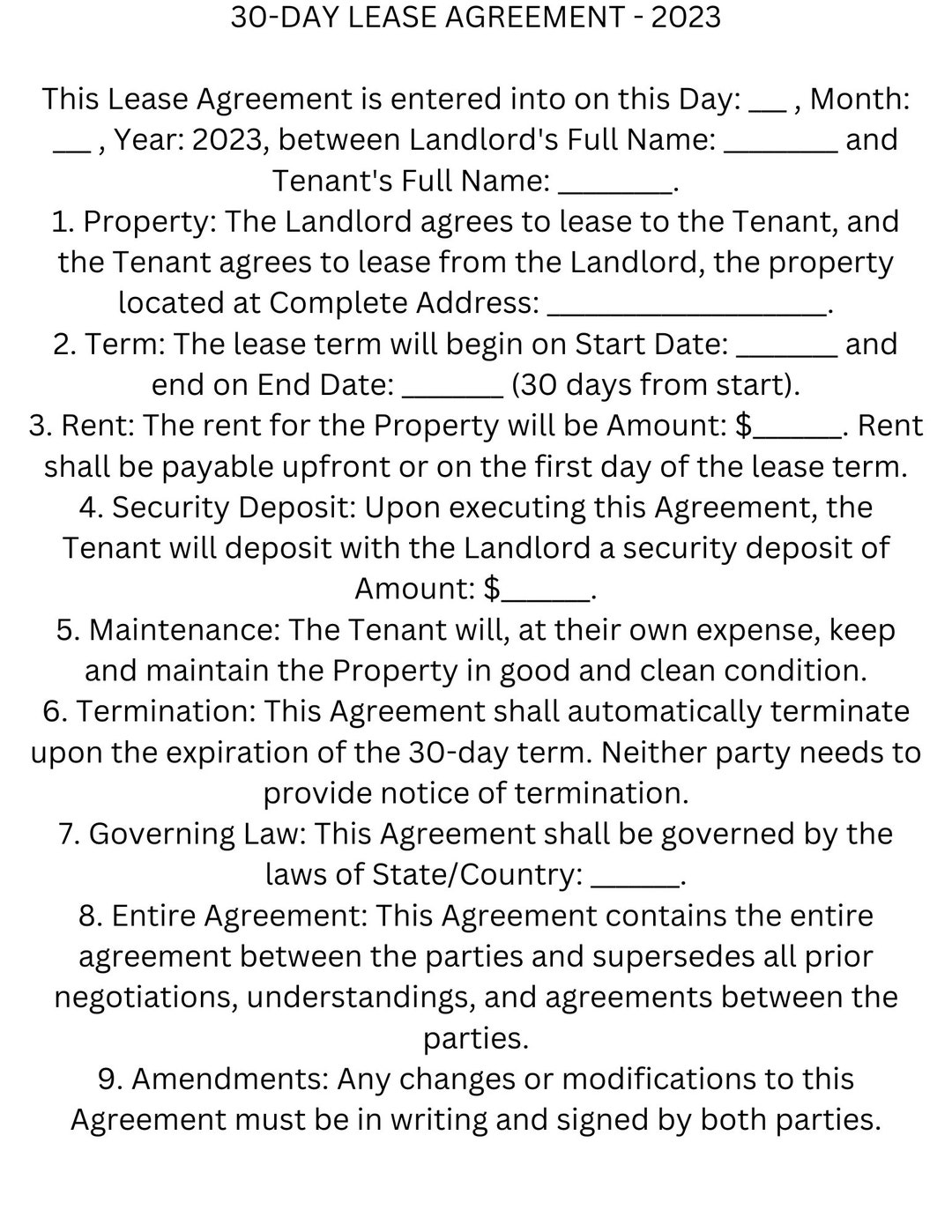 30-day Lease Agreement Template-pdf Download and Edit in Canva - Etsy