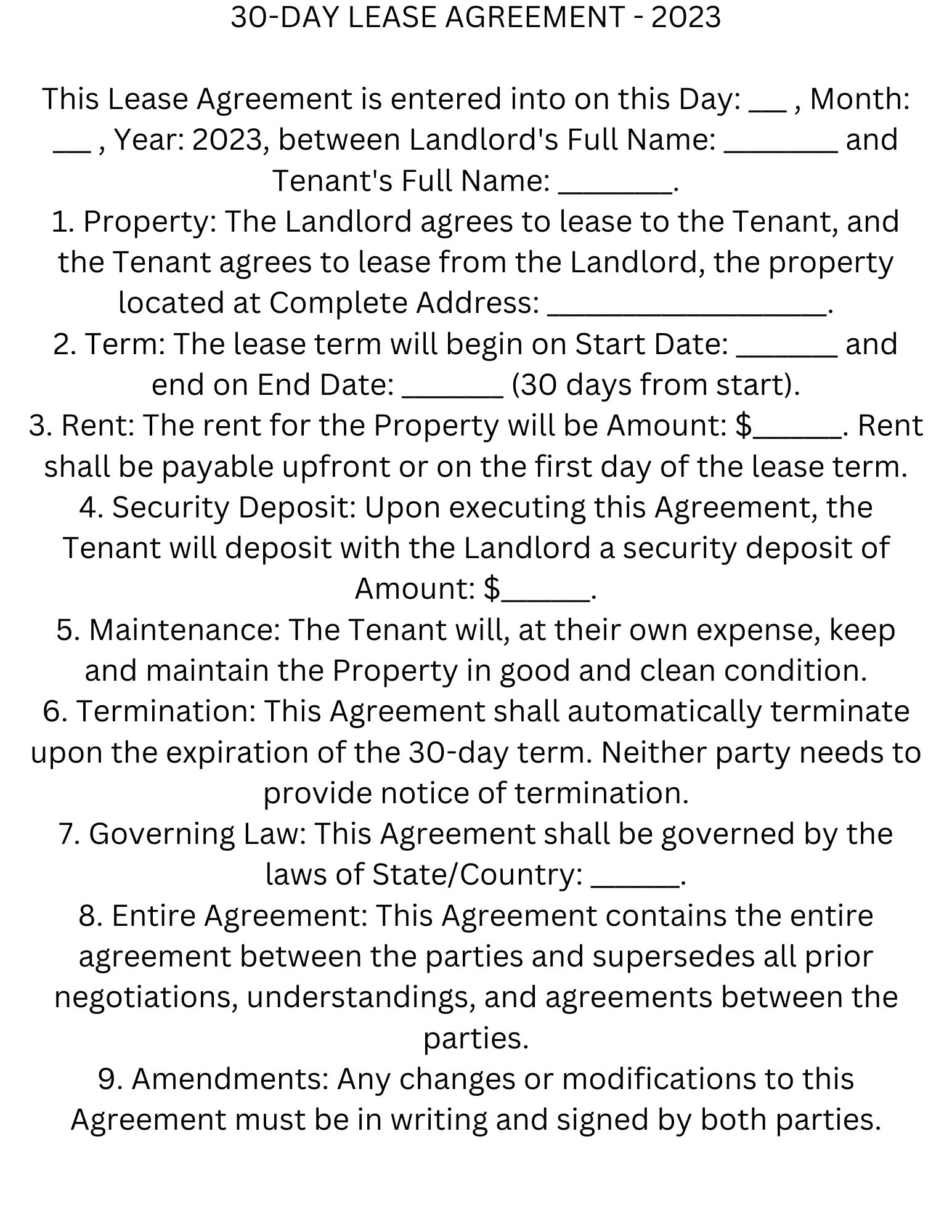 30-day Lease Agreement Template-pdf Download and Edit in Canva - Etsy