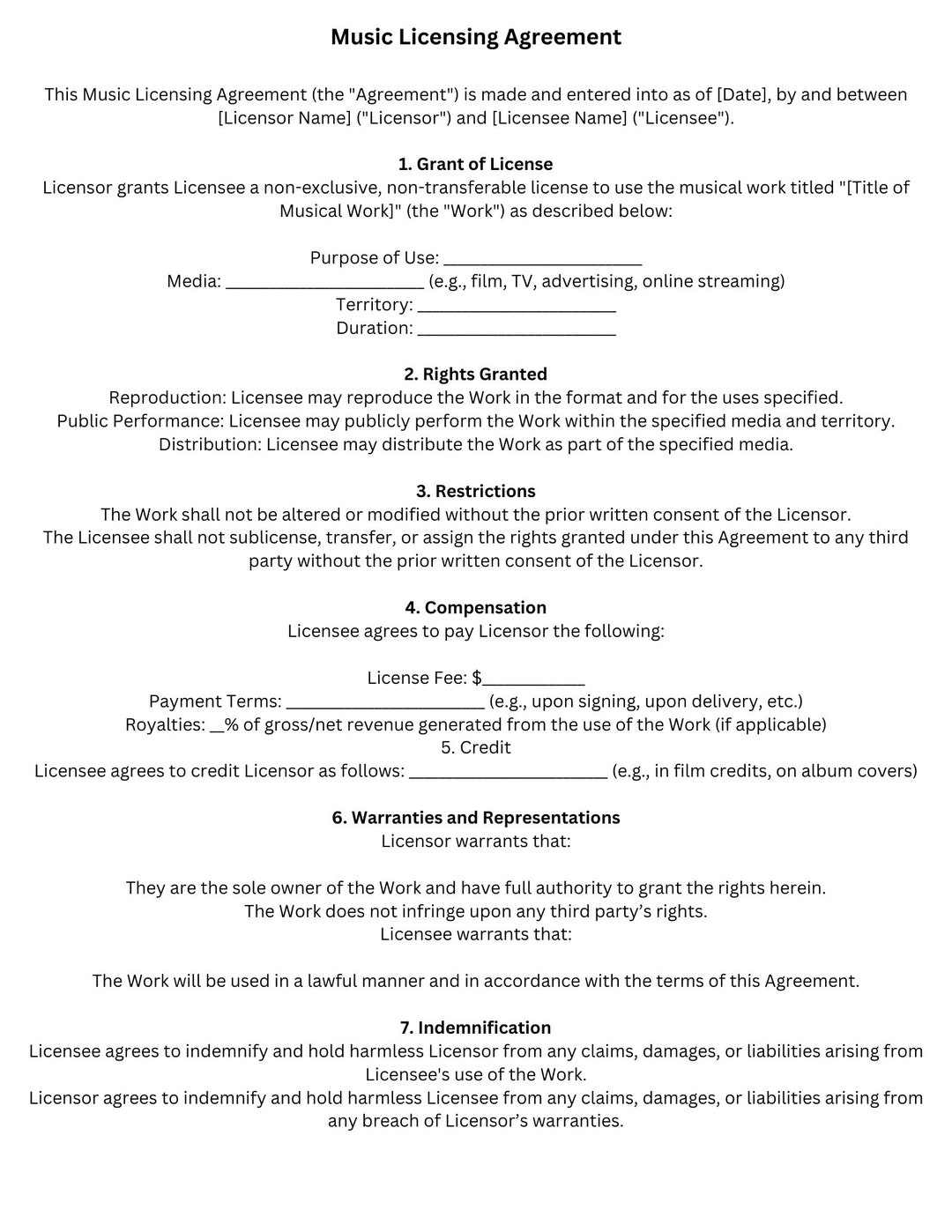 Editable Music Licensing Agreement for Artists & Producers - Instant ...