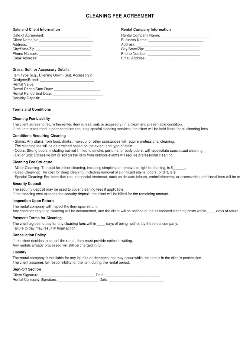Cleaning Fee Agreement | Dress, Suit, Accessory Cleaning Policy ...