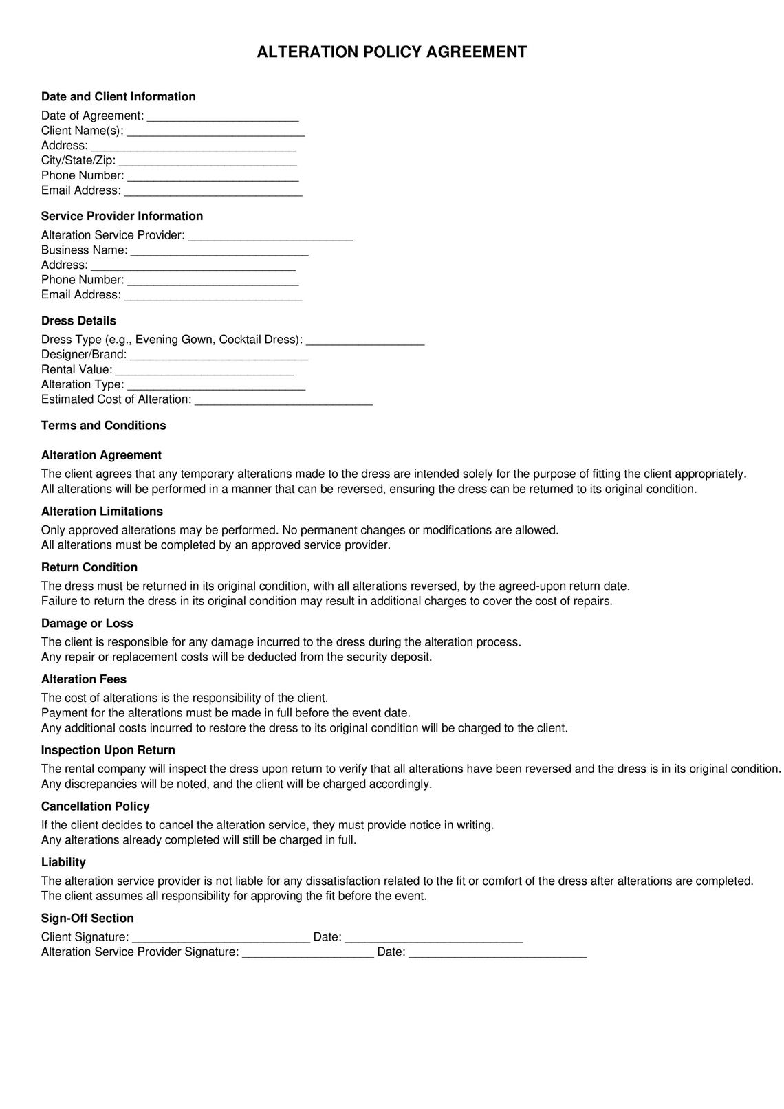 Alteration Policy Agreement | Dress Alteration Terms | Editable PDF - Etsy