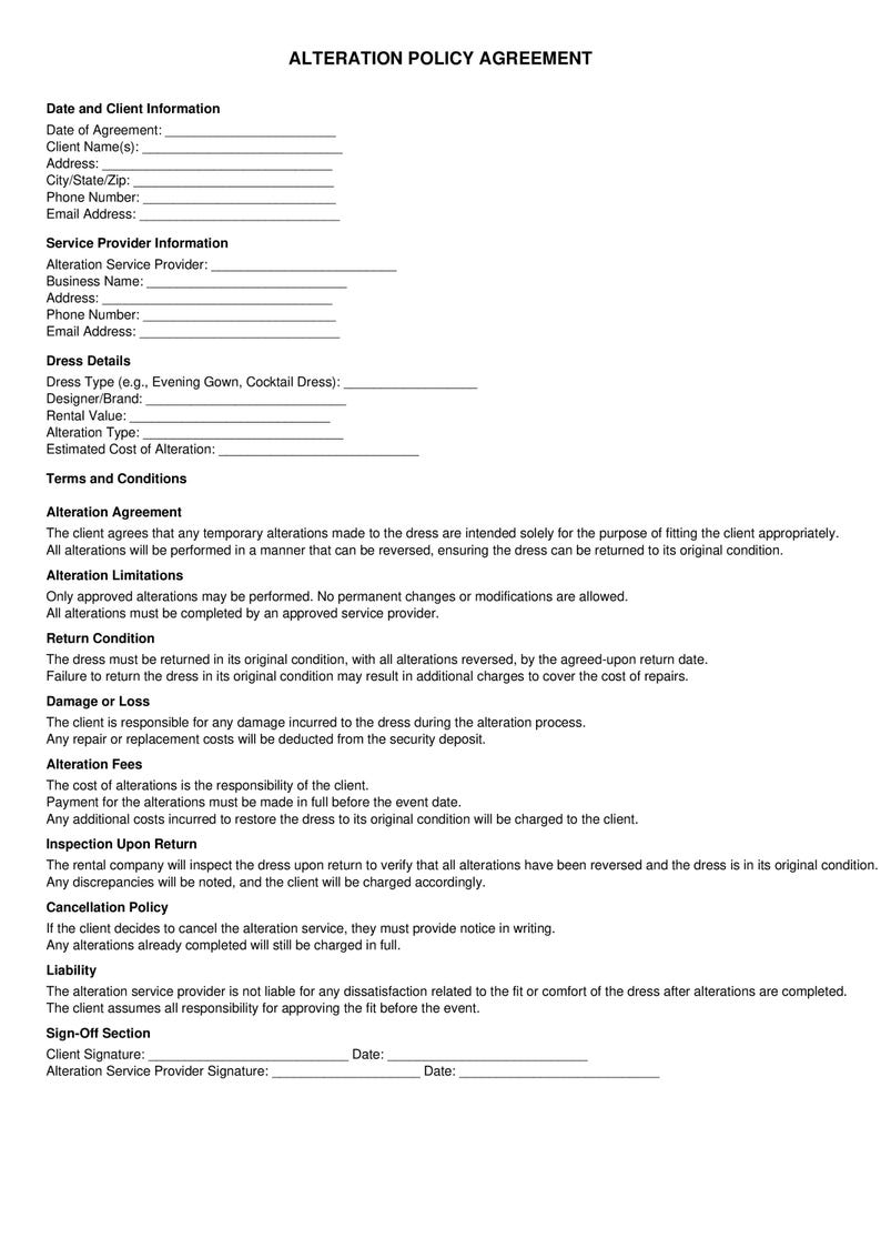Alteration Policy Agreement | Dress Alteration Terms | Editable PDF - Etsy