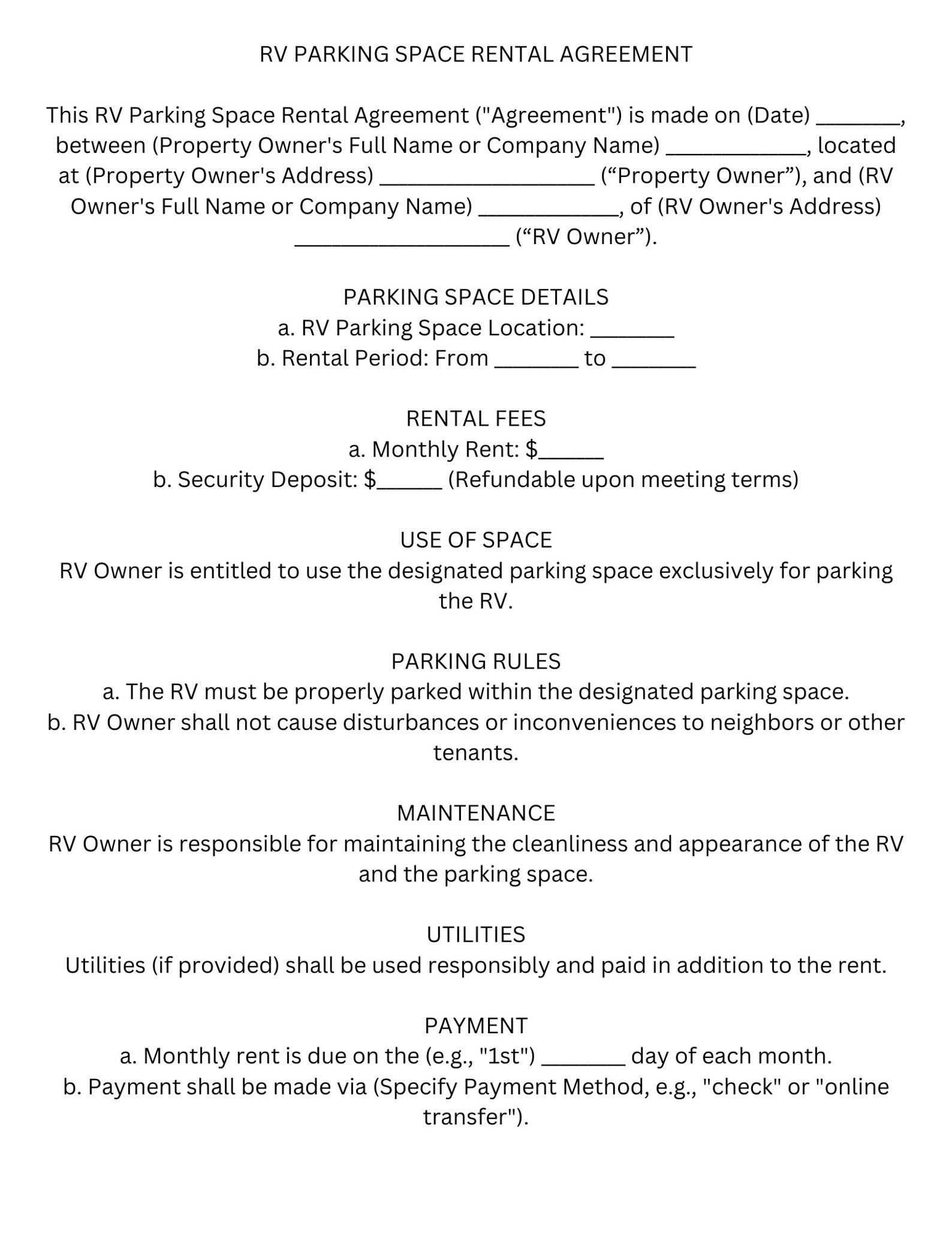 RV Parking Space Rental Agreement Template-pdf Download - Etsy