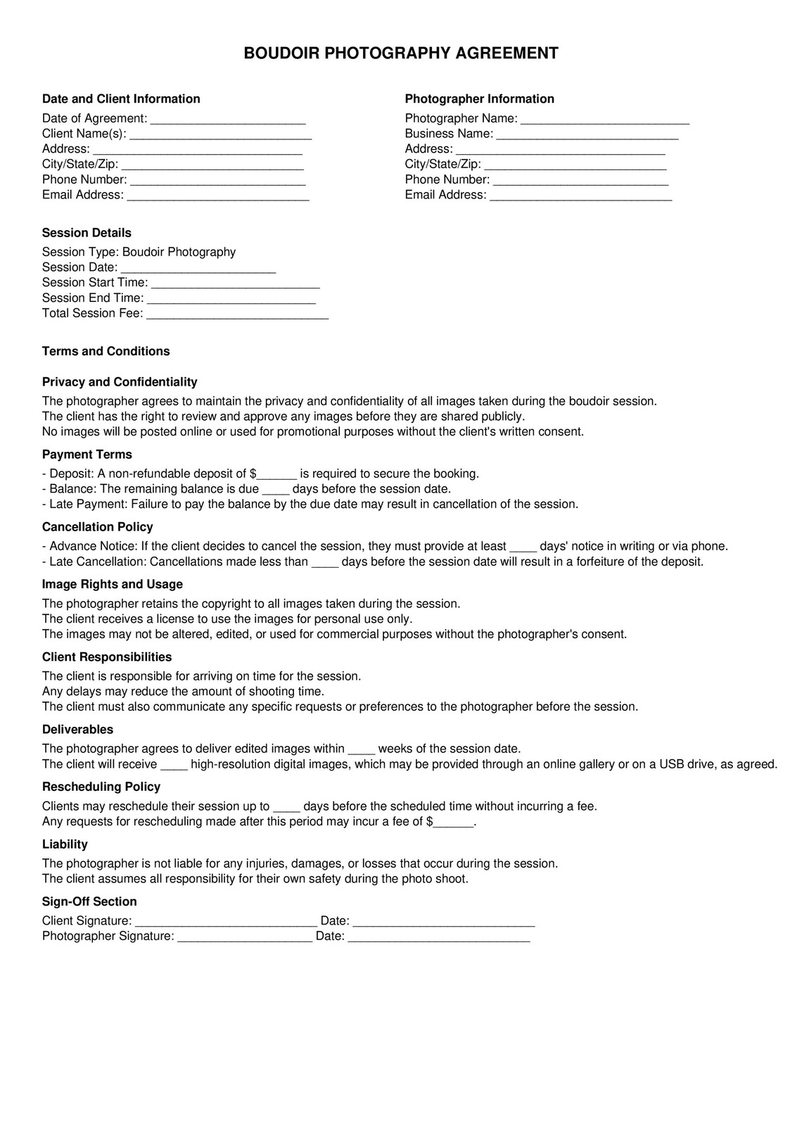 Boudoir Photography Agreement | Privacy & Payment Contract | Editable ...