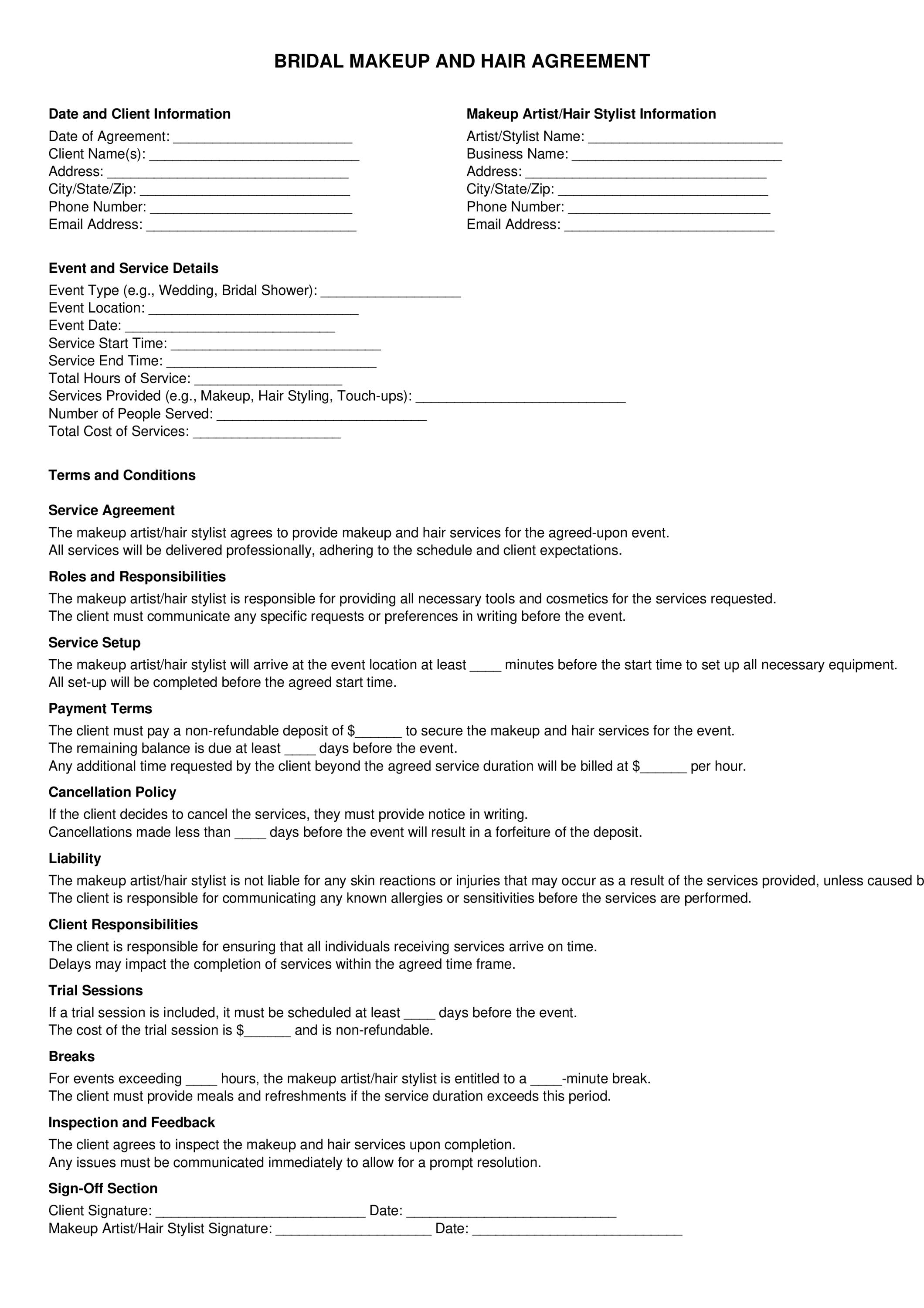 Bridal Makeup and Hair Agreement | Wedding Beauty Contract | Editable ...