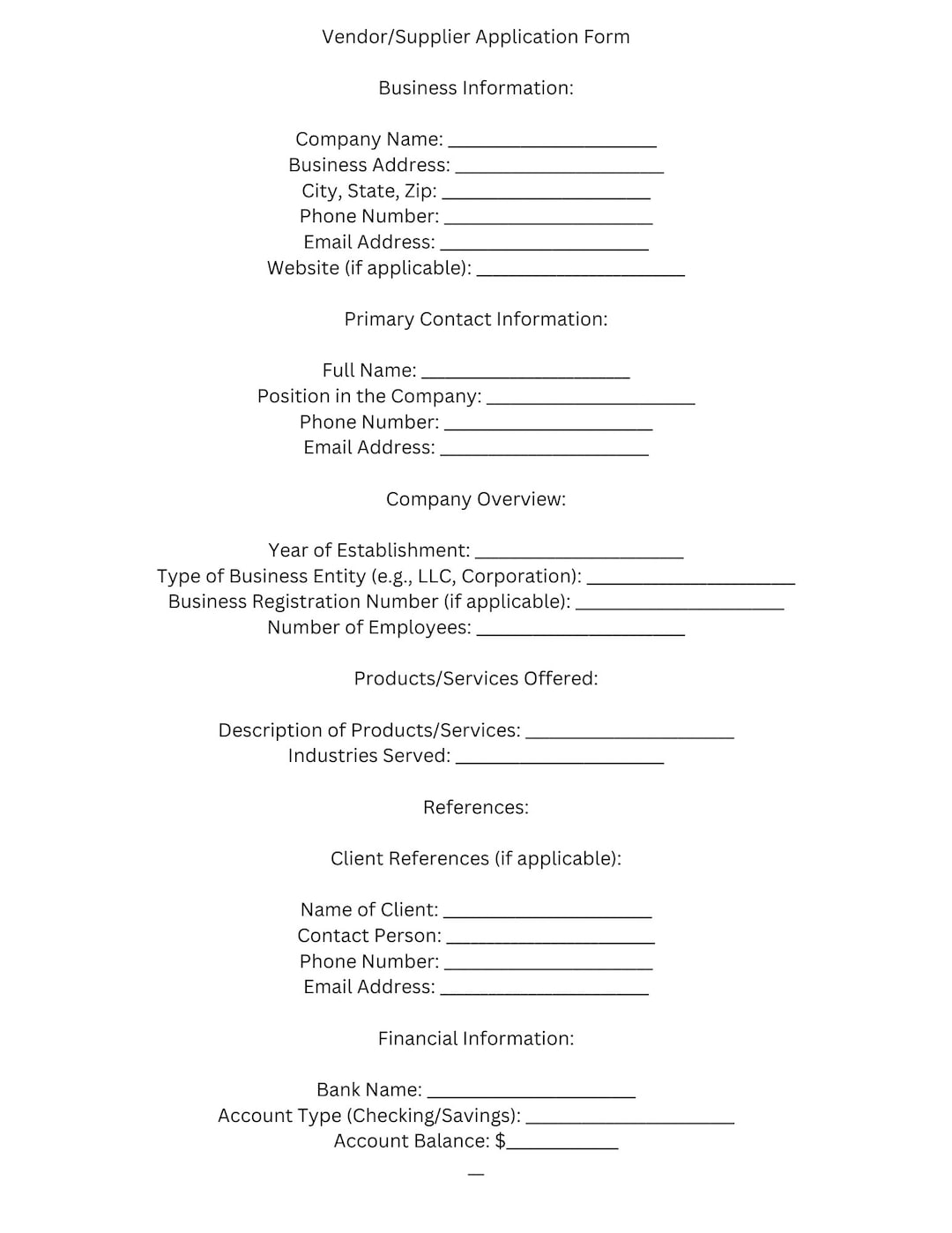 Vendor/supplier Application Form-template, Instant Download - Etsy