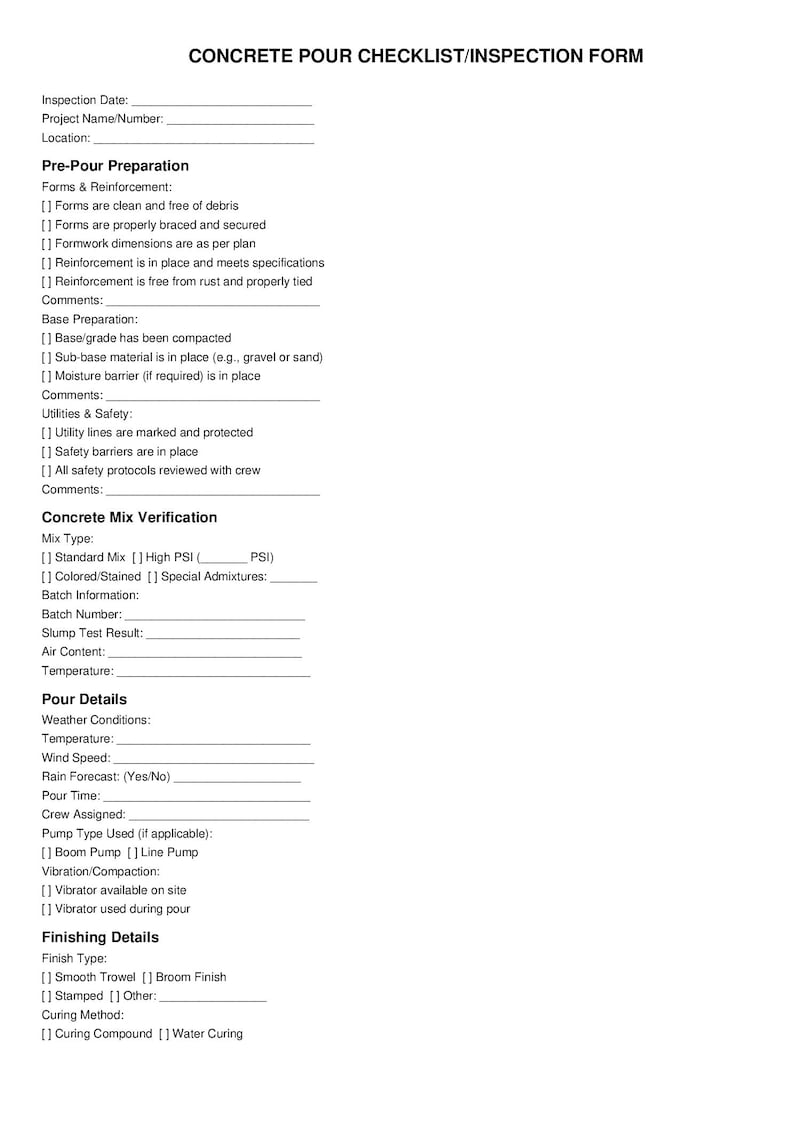 Concrete Pour Checklist & Inspection Form | Printable Concrete Pour ...