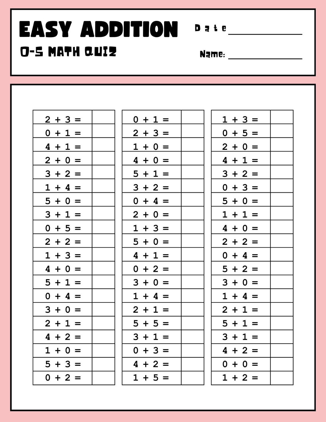 0-5 Easy Addition Quiz Pack - Etsy