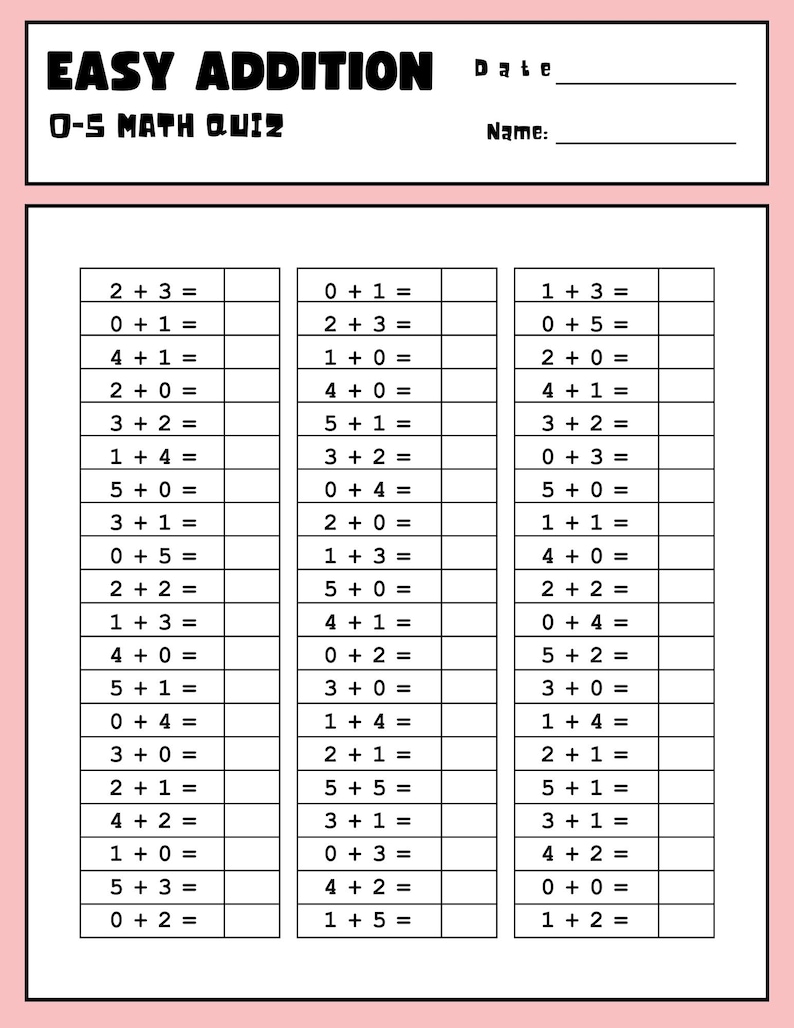 0-5 Easy Addition Quiz Pack - Etsy