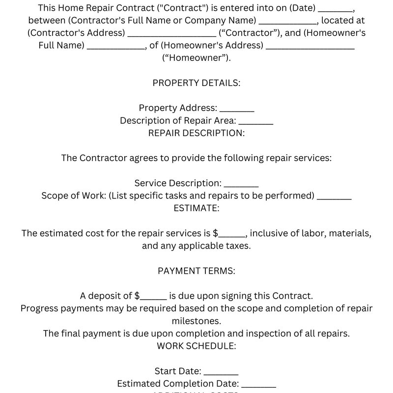 Home Repair Contract Template - Etsy