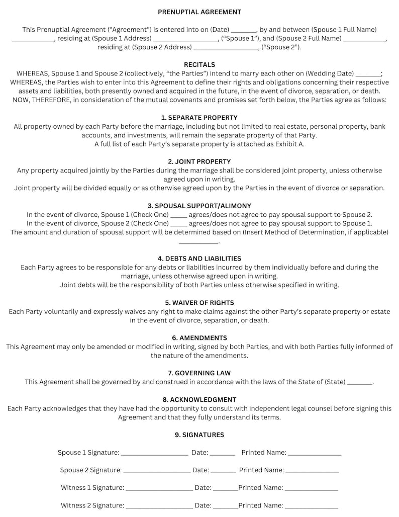 Digital Download: Prenuptial Agreement Template | Editable & Printable ...