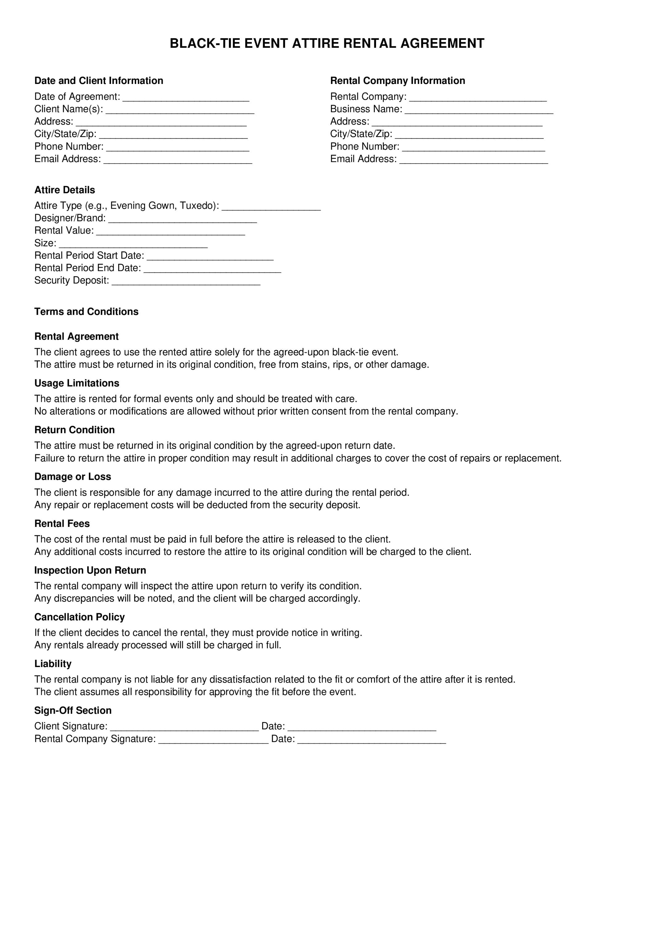Black-tie Event Attire Rental Agreement | Formal Wear Contract ...
