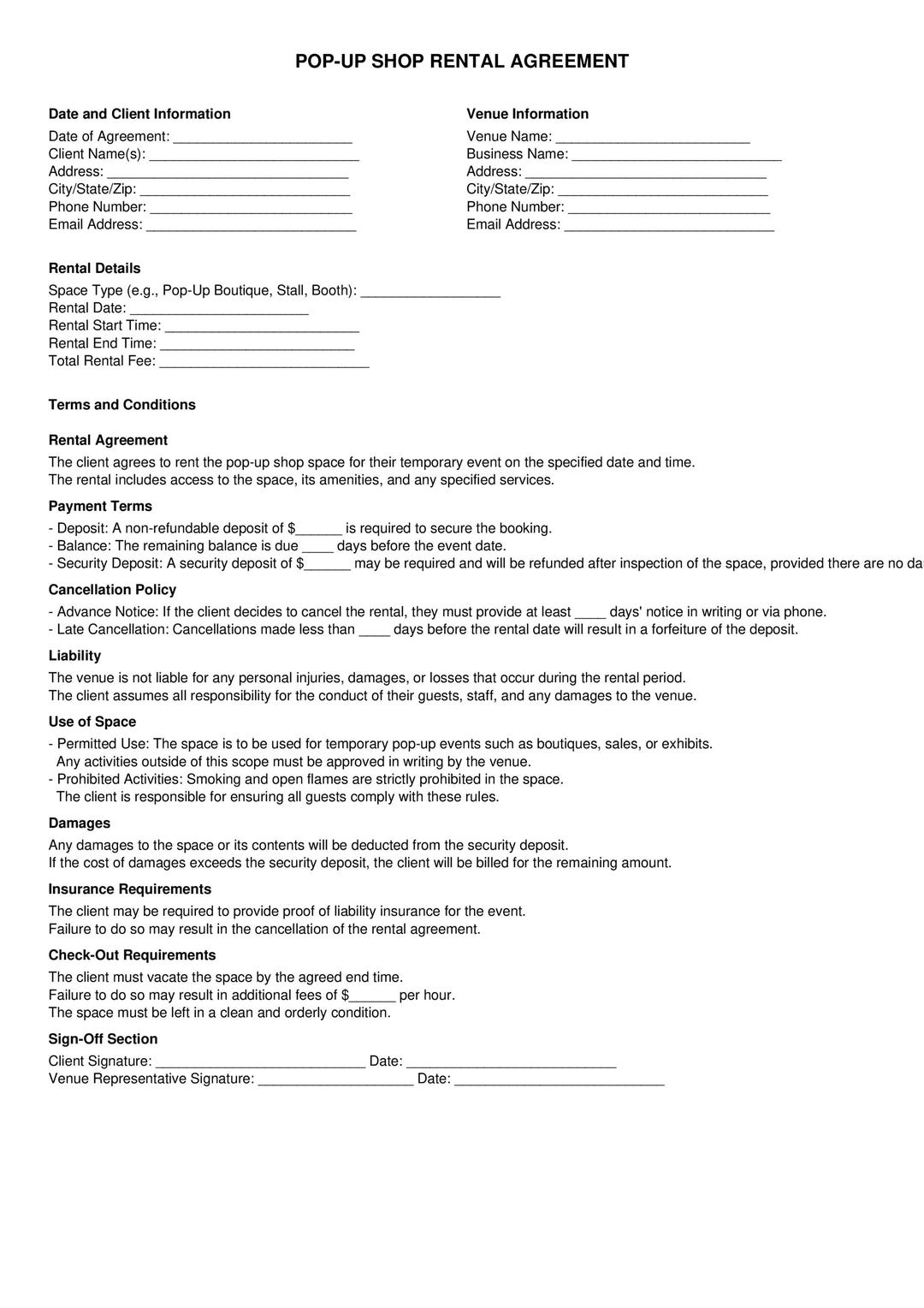 Pop-up Shop Rental Agreement | Temporary Event Space Contract ...