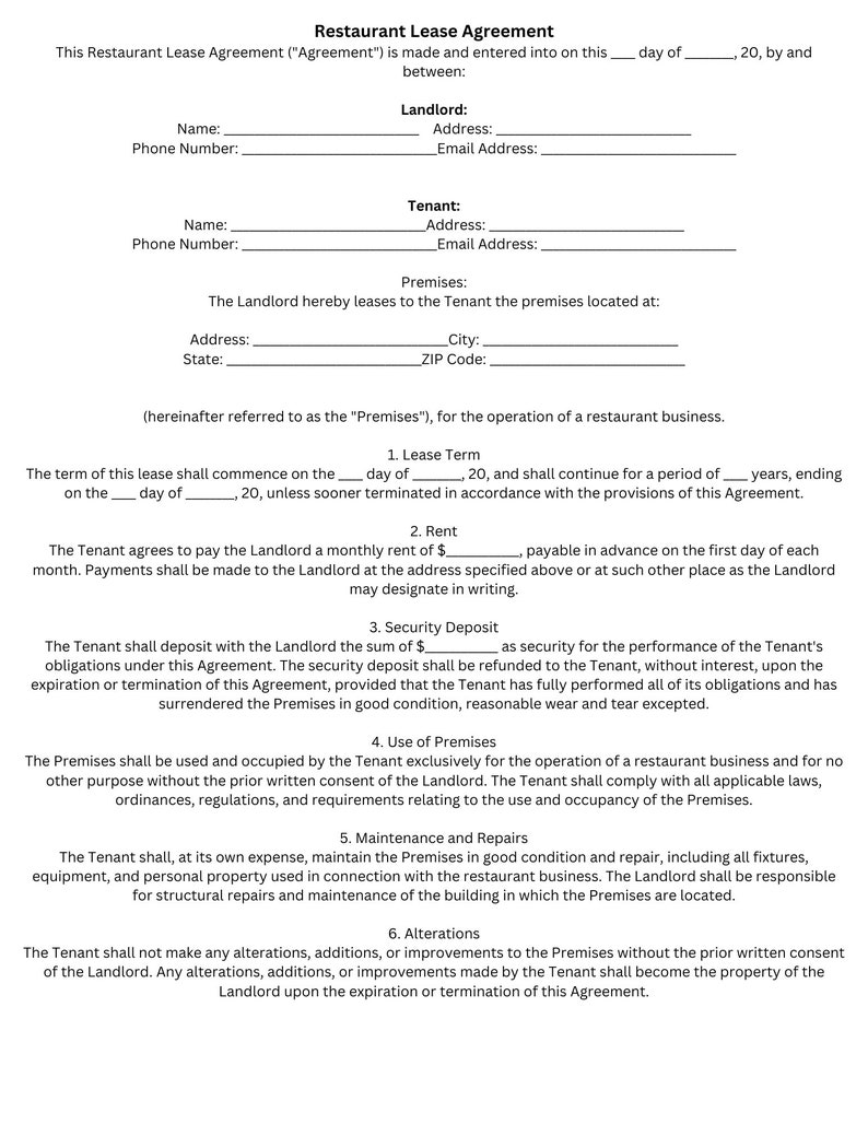 Restaurant Lease Agreement-template - Etsy