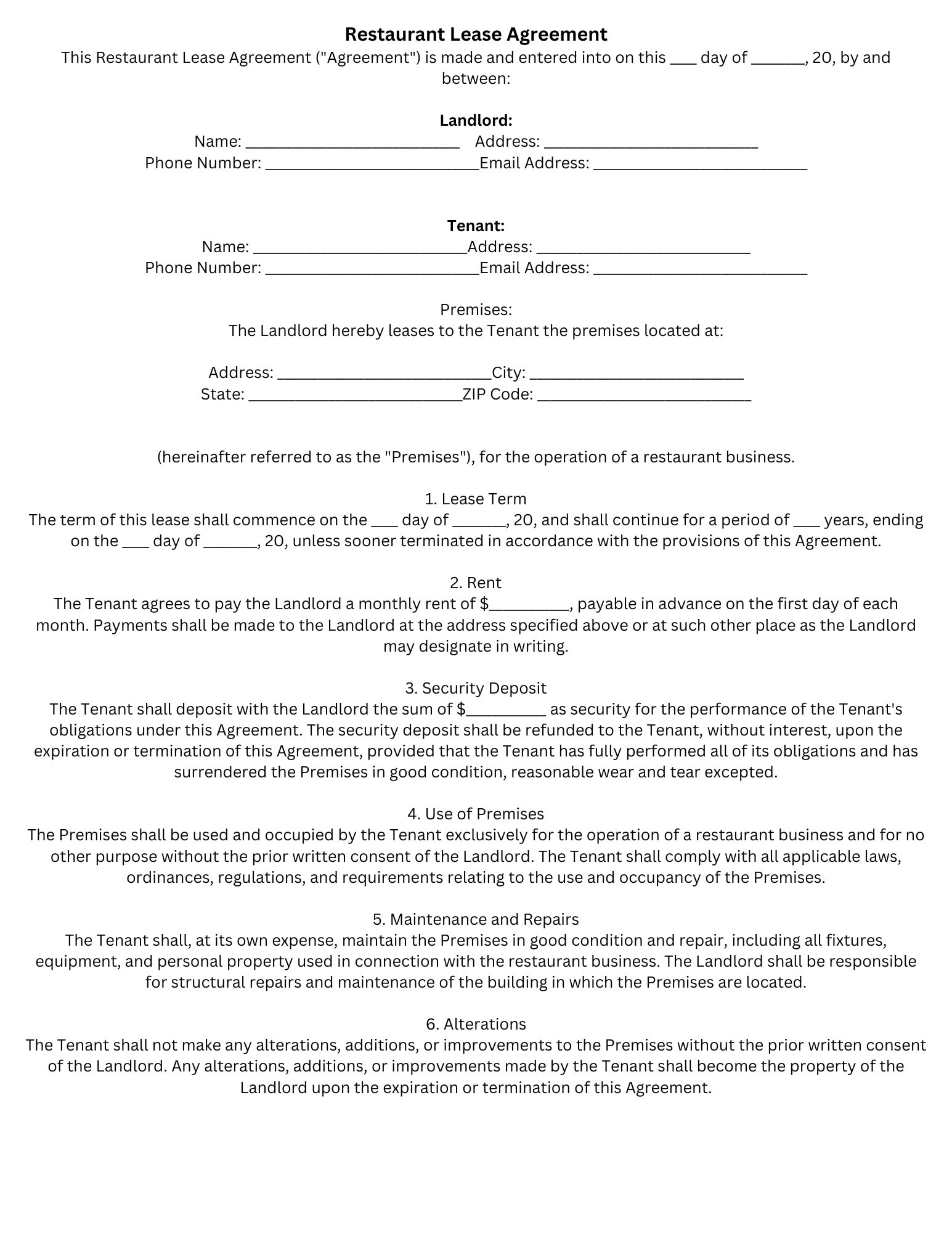 Restaurant Lease Agreement-template - Etsy