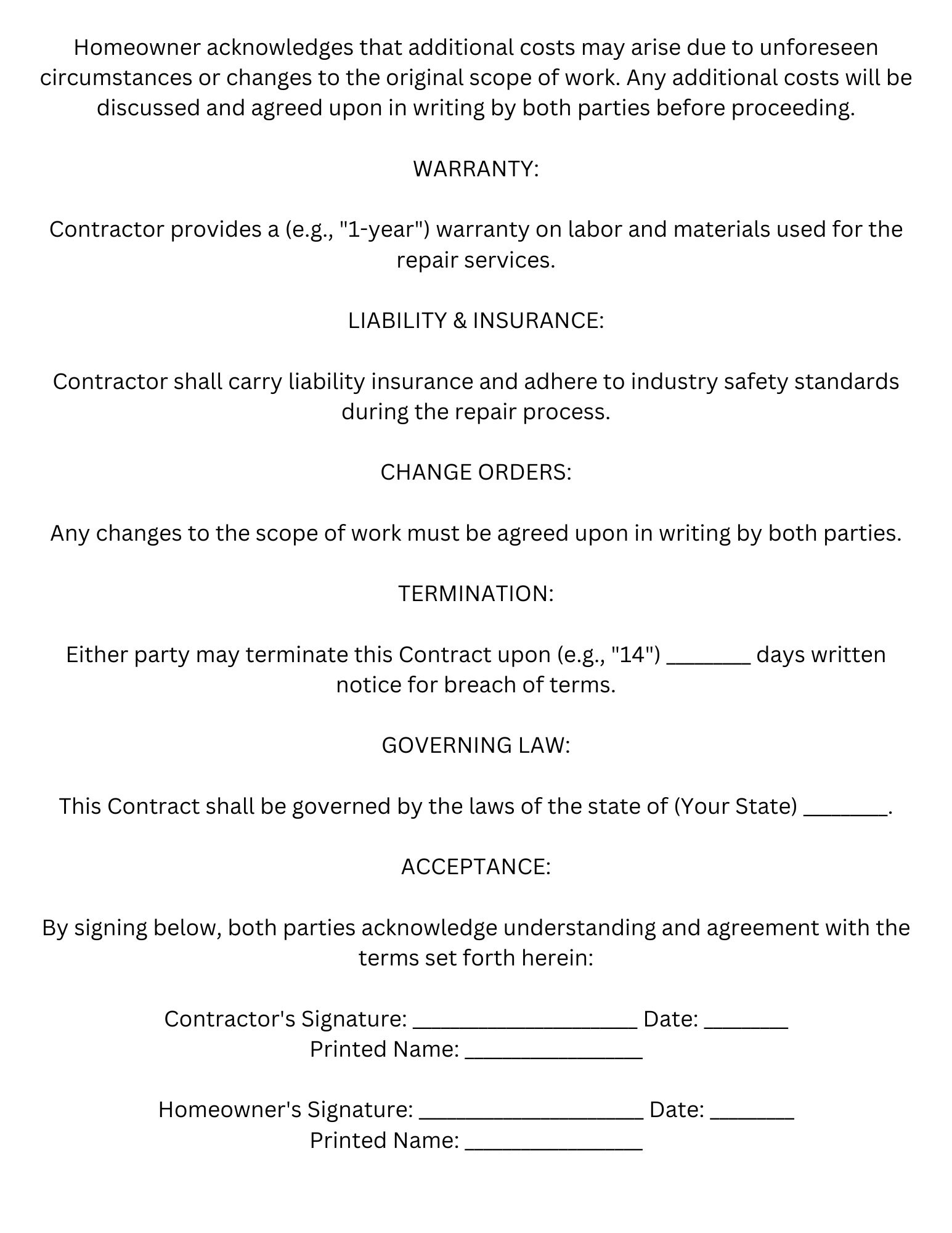 Home Repair Contract Template-pdf Download - Etsy
