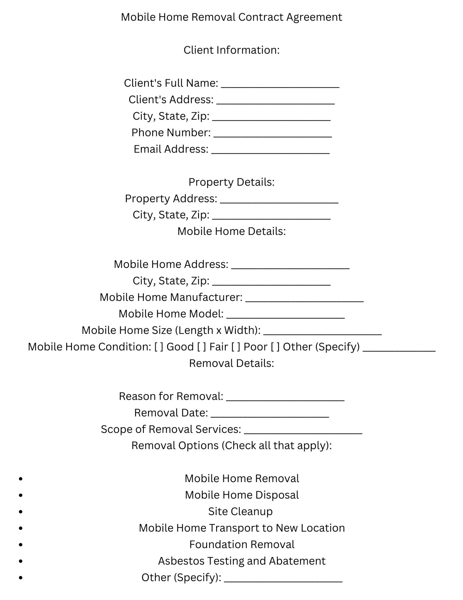 Mobile Home Removal Contract - Customizable Template - Etsy