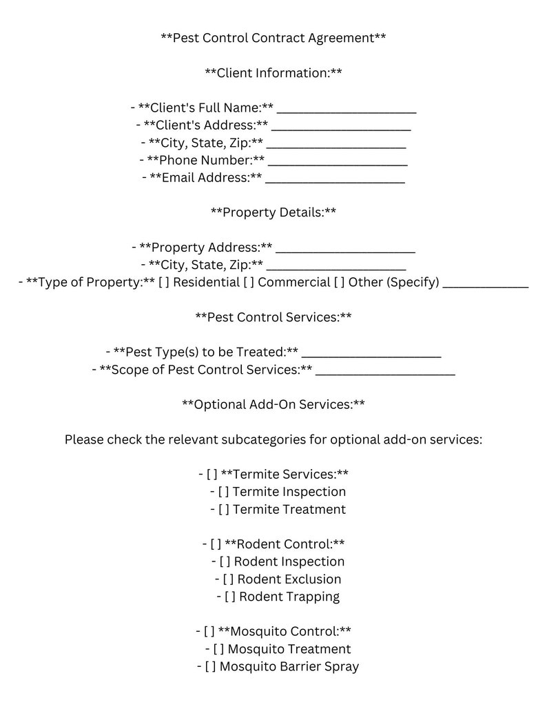 Pest Control Contract Agreement - Customizable Template - Etsy