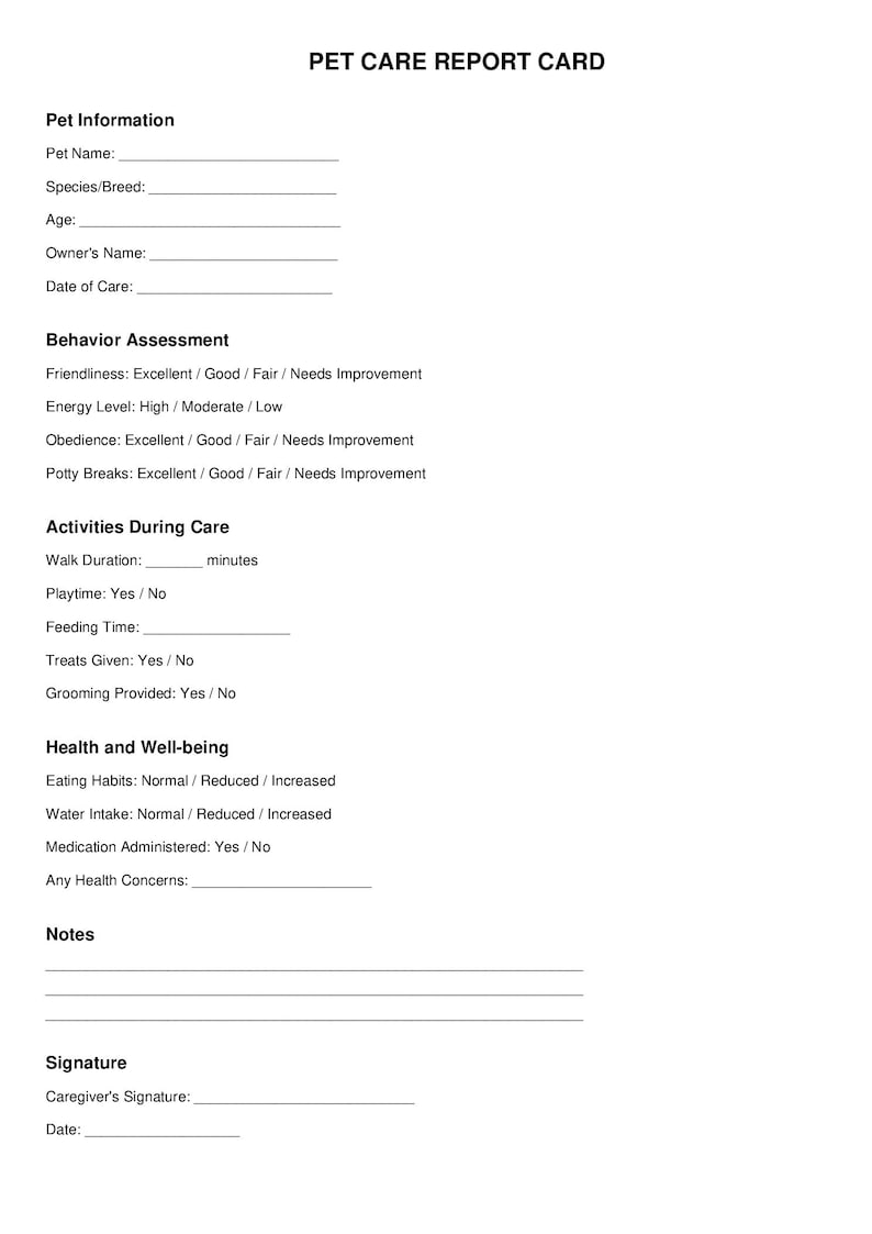 Pet Care Report Card Template | Editable & Printable Pet Sitting Form ...