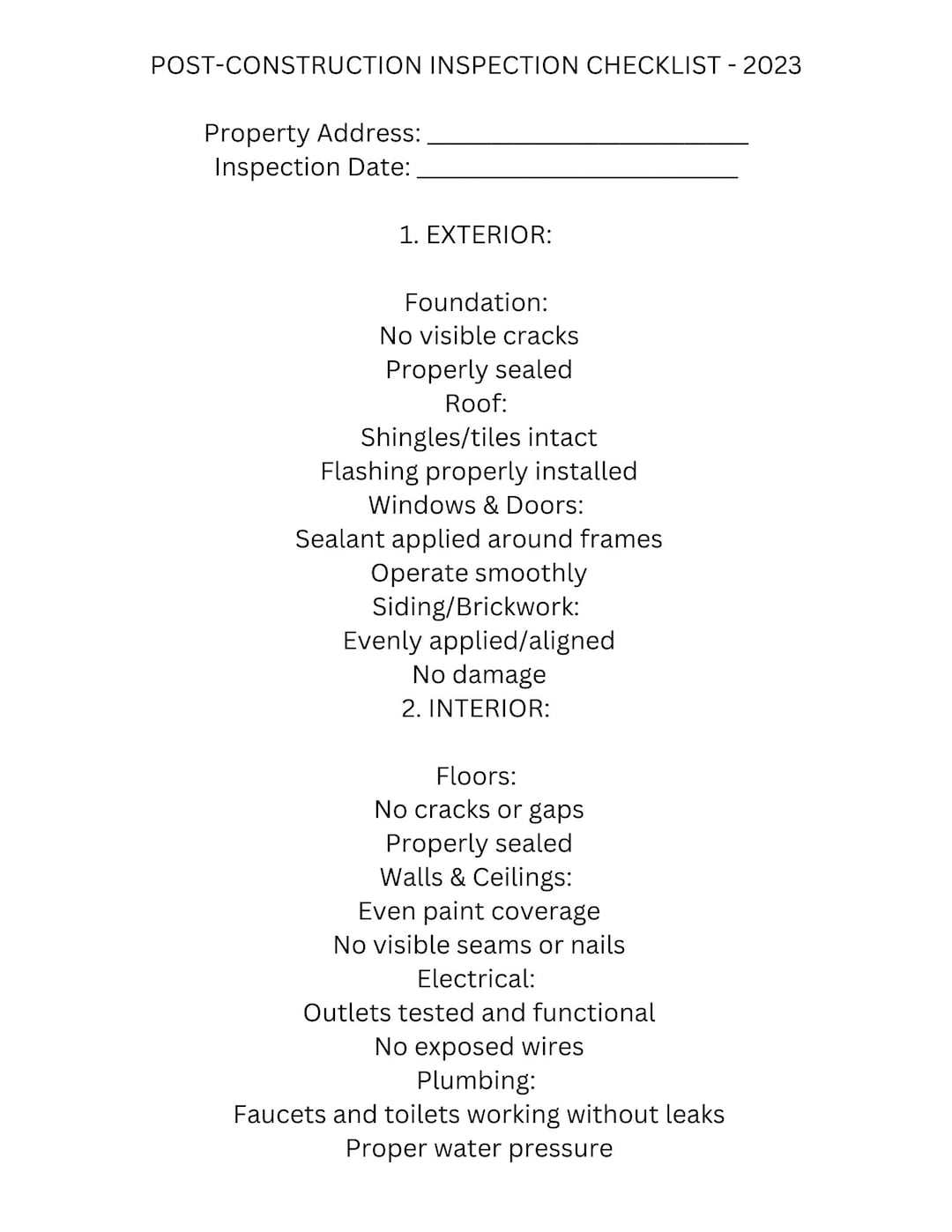 Post-construction Inspection Checklist PDF Download - Etsy