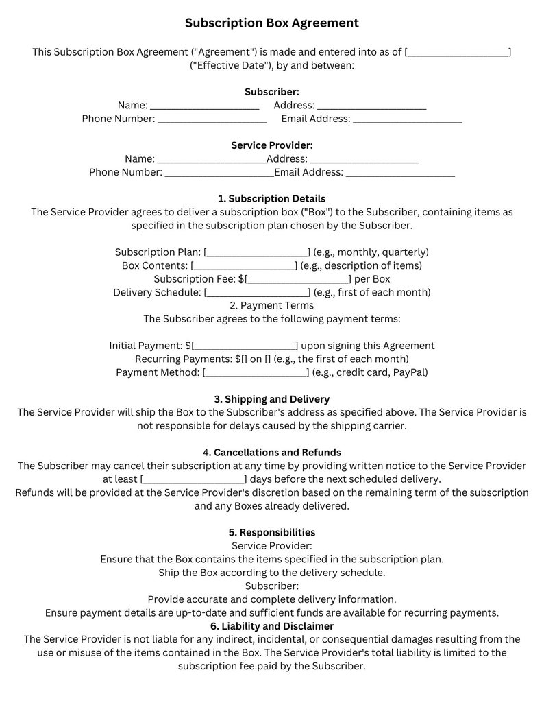 Subscription Box Agreement-template PDF - Etsy