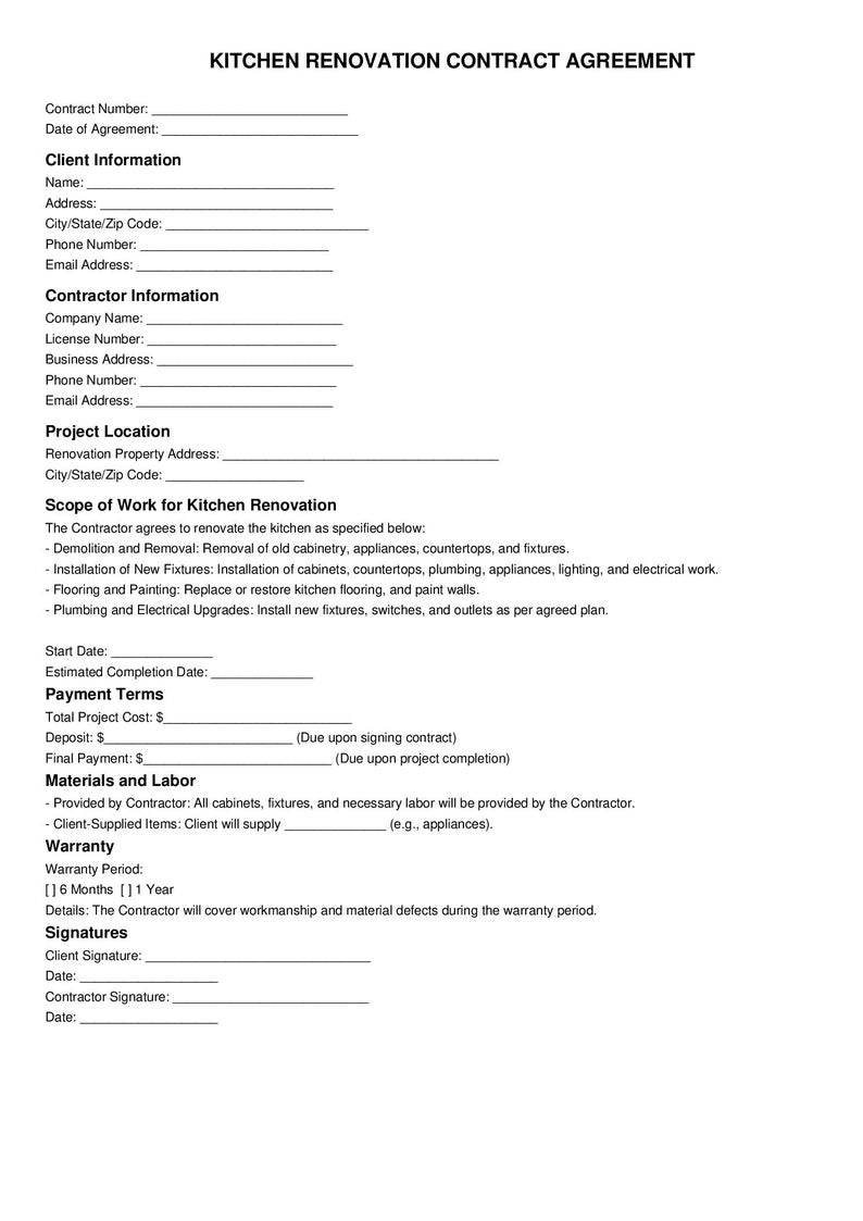Kitchen Renovation Contract | Printable Remodeling Agreement | Editable ...