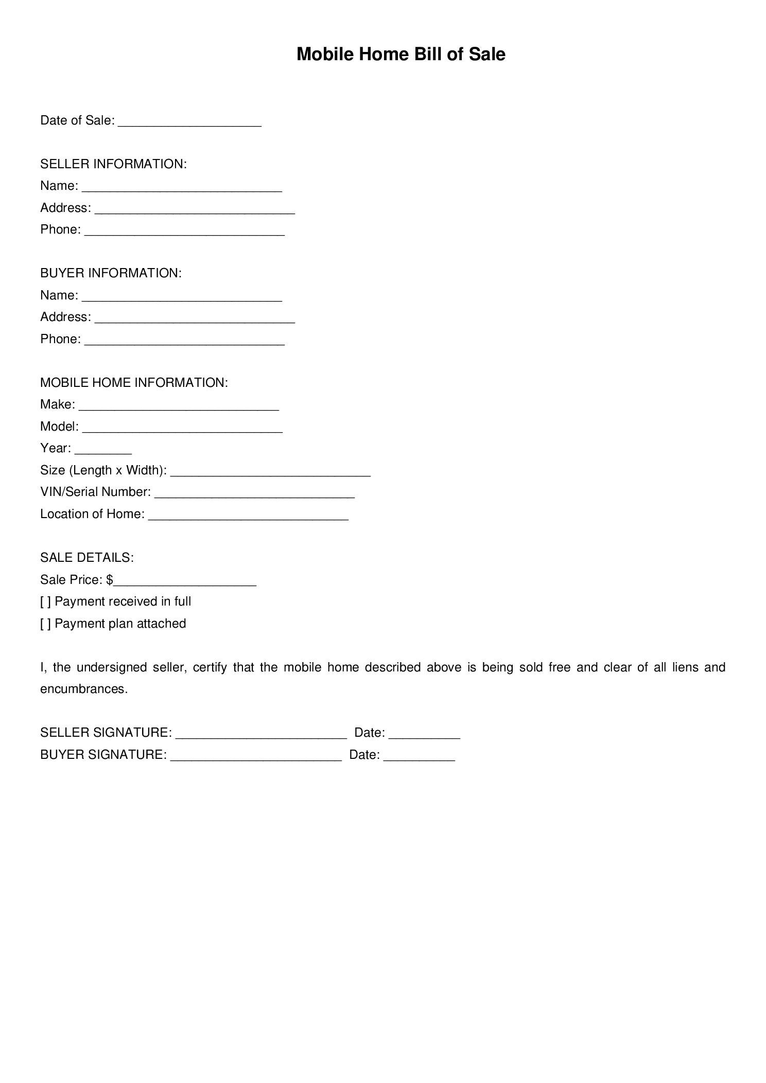 Mobile Home Bill Of Sale Template Fillable Pdf Form Printable 8992