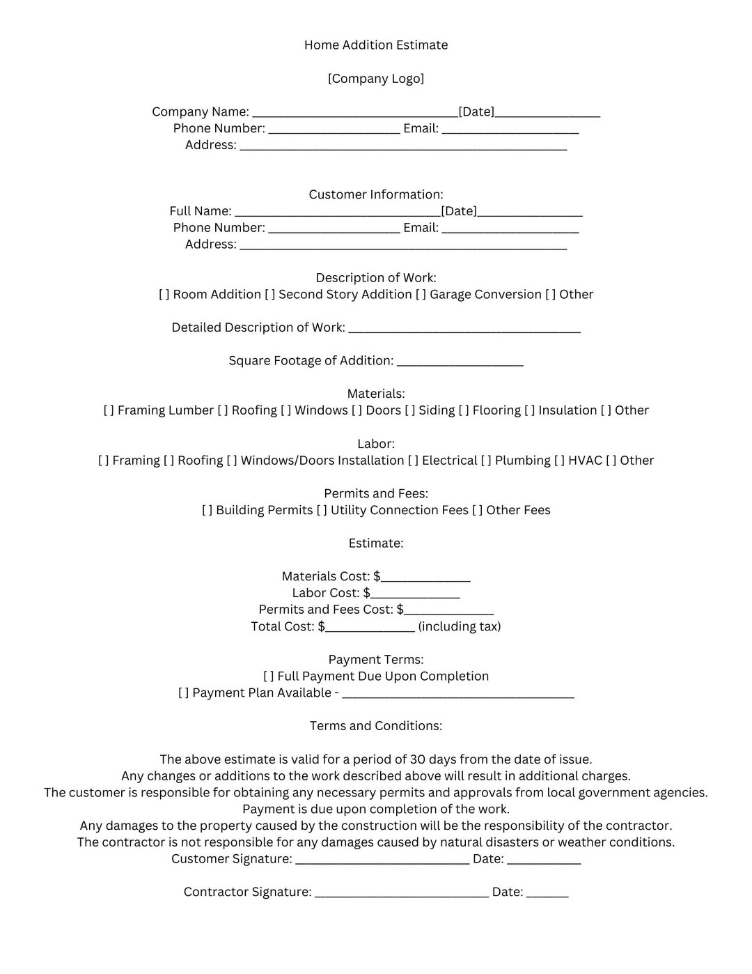 Home Addition Estimate Form-template, Instant Download - Etsy