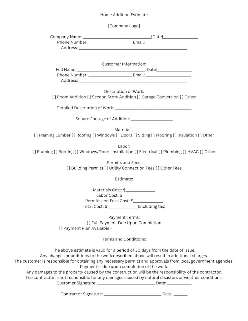 Home Addition Estimate Form-template, Instant Download - Etsy