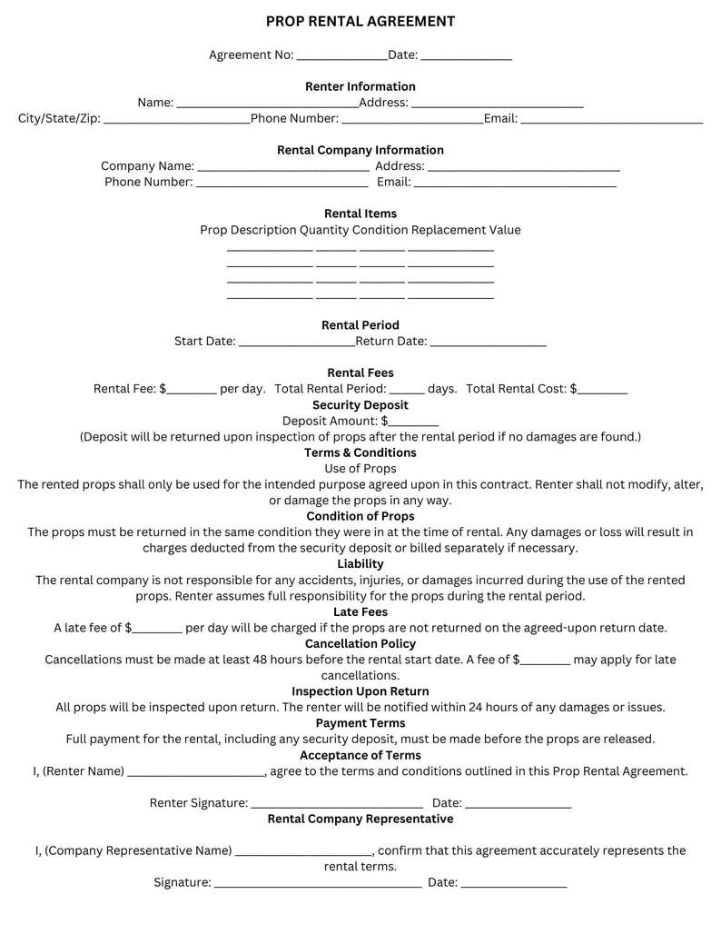 Prop Rental Agreement Template | Editable Prop Rental Form - Etsy