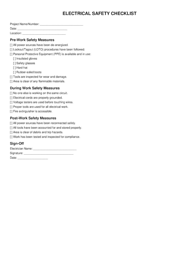 Electrical Safety Checklist | Printable Electrician Safety Checklist ...