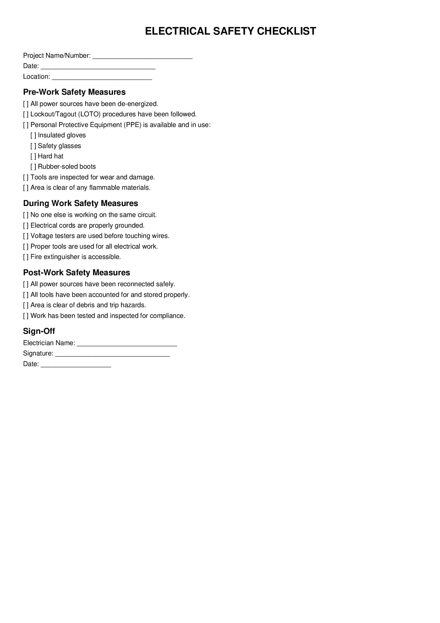 Electrical Safety Checklist | Printable Electrician Safety Checklist ...