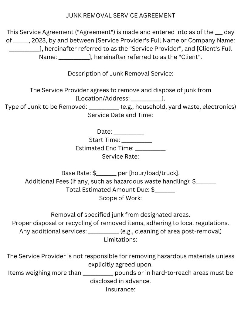 Junk Removal Service Agreement Template: Digital Download, PDF - Etsy