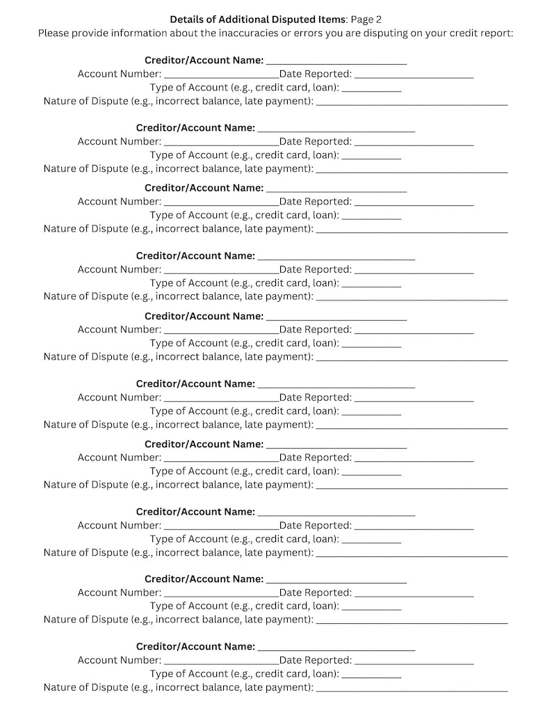 Credit Report Dispute Form-download and Print - Etsy