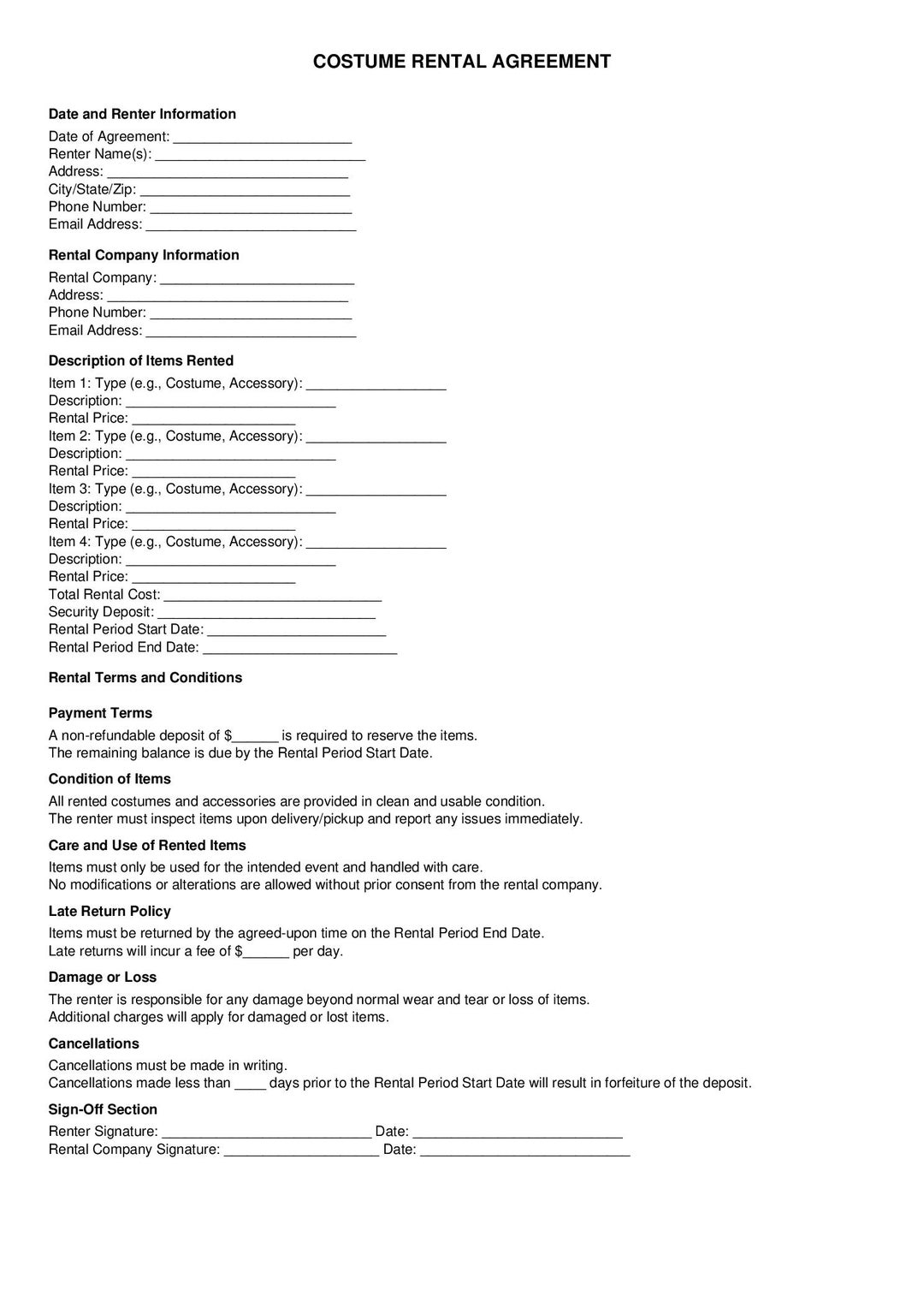 Costume Rental Agreement | Halloween Costume Contract | Editable PDF - Etsy