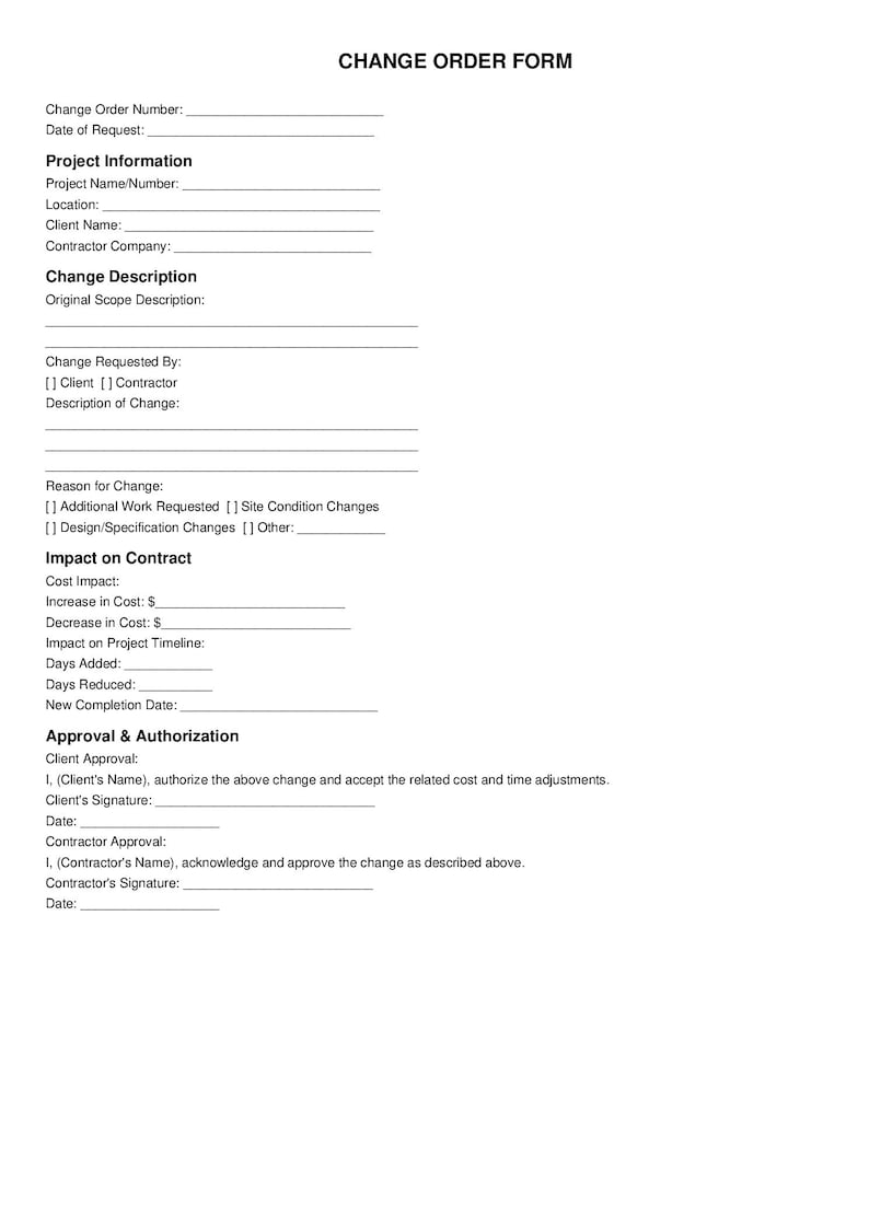 Change Order Form | Construction Change Agreement | Editable PDF - Etsy