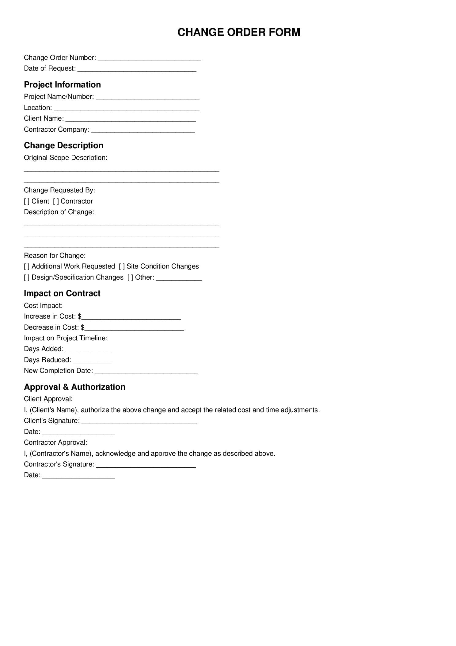 Change Order Form | Construction Change Agreement | Editable PDF - Etsy