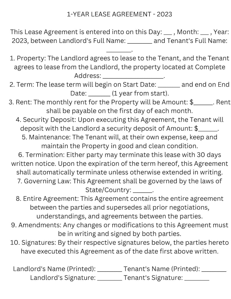 1-year Lease Agreement Template - Etsy