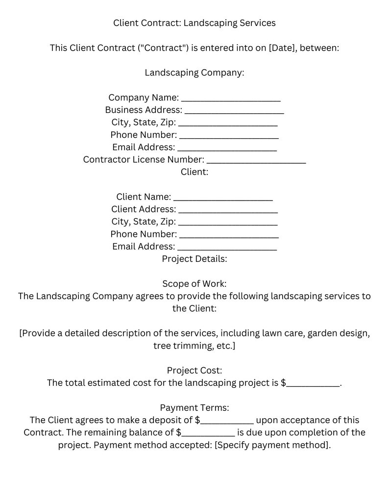 Landscaping Services Client Contract-template, Instant Download - Etsy