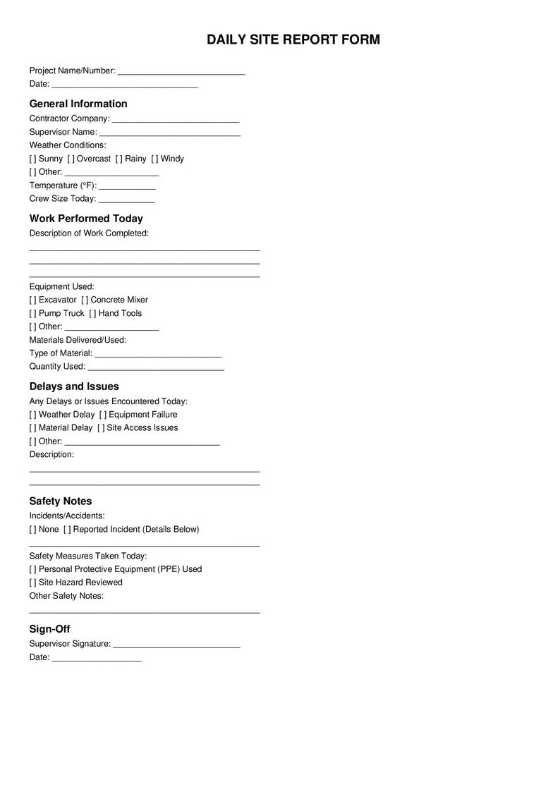 Daily Site Report Form | Construction Job Site Log | Printable PDF - Etsy