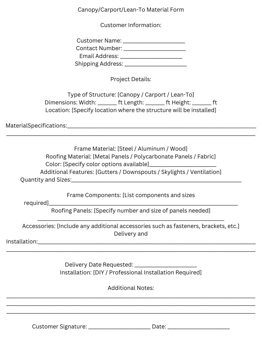 Canopy/carport/lean-to Material Form-template Pdf Download - Etsy