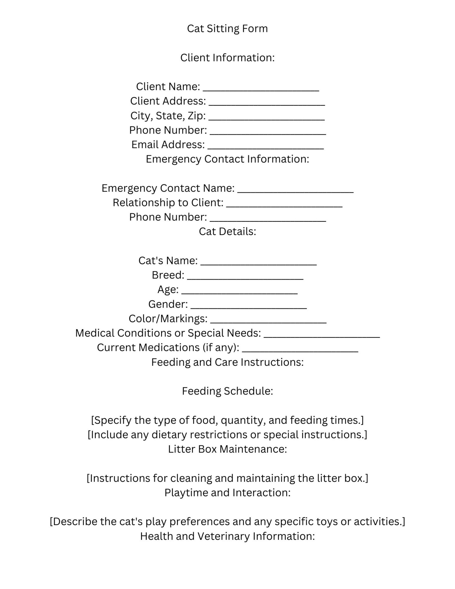 Cat Sitting Form-template - Etsy