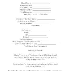 Cat Sitting Form-template - Etsy